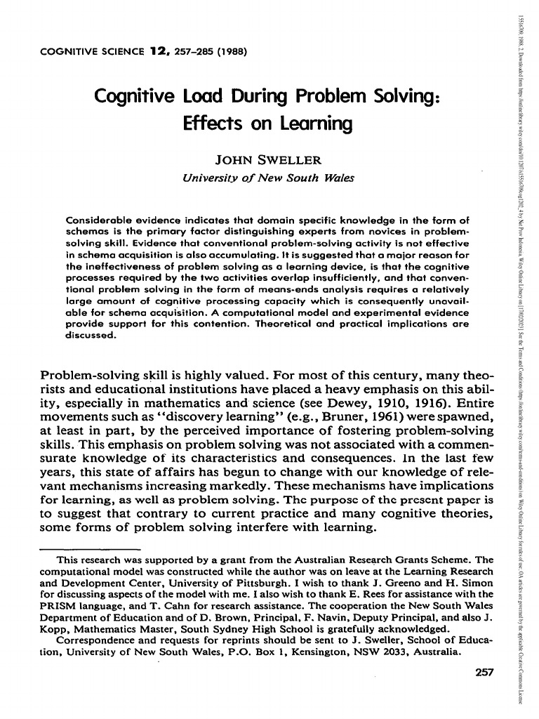Cognitive Science April 1988 Sweller Cognitive Load During Problem Solving Effects On