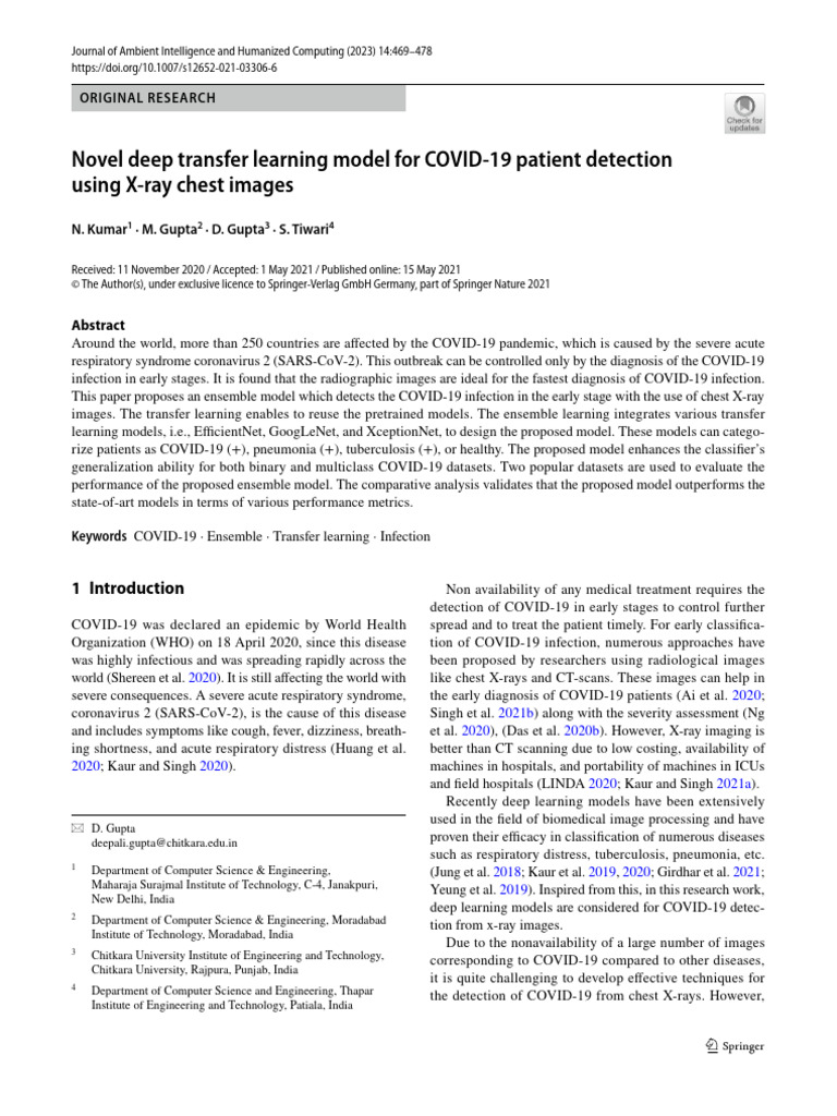 Novel Deep Transfer Learning Model For COVID 19 Patient Detection Using X Ray Chest Images | PDF ...