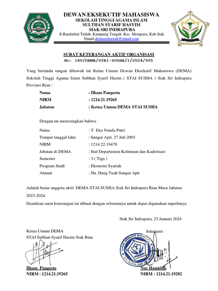 SURAT KETERANGAN AKTIF DEMA 2023-2024 Dea 005 | PDF