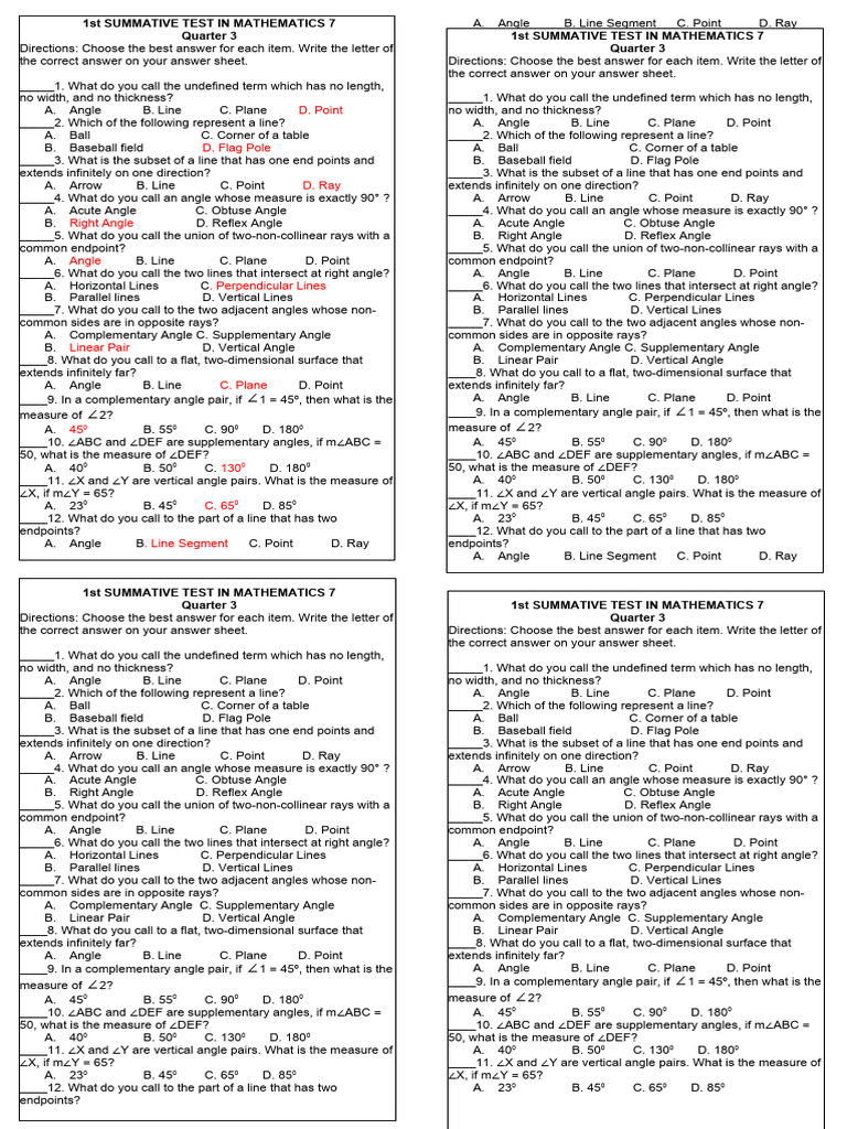Q3 W1 And W2 Summative Test In Mathematics 7 Pdf Line Geometry