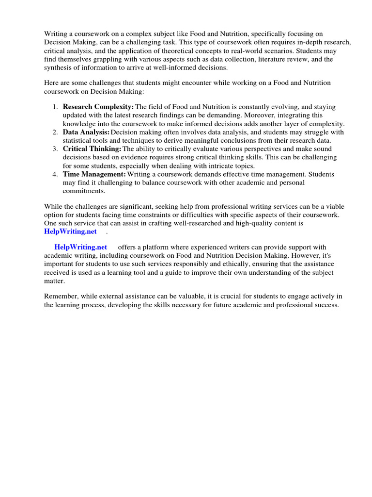Food and Nutrition Coursework Decision Making | PDF | Critical Thinking ...