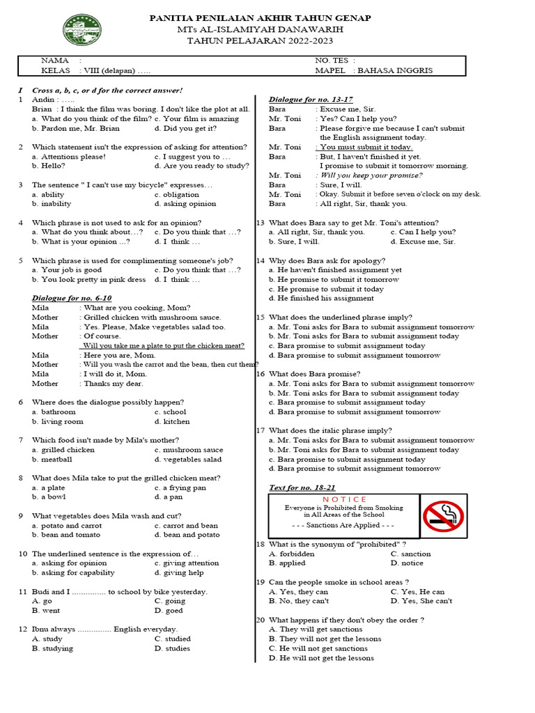 Soal PTS, Pat BHS Inggris Kelas 8 Smt. Genap | PDF | Foods