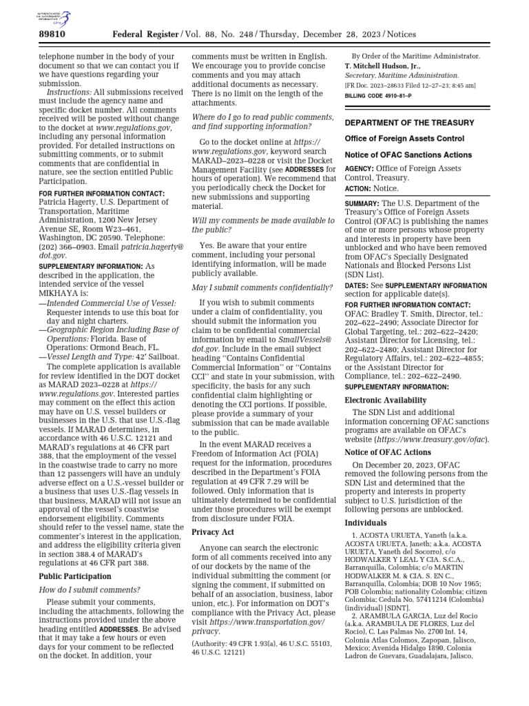 Federal Register / Vol. 88, No. 248 / Thursday, December 28, 2023 / Notices | PDF | Office Of ...