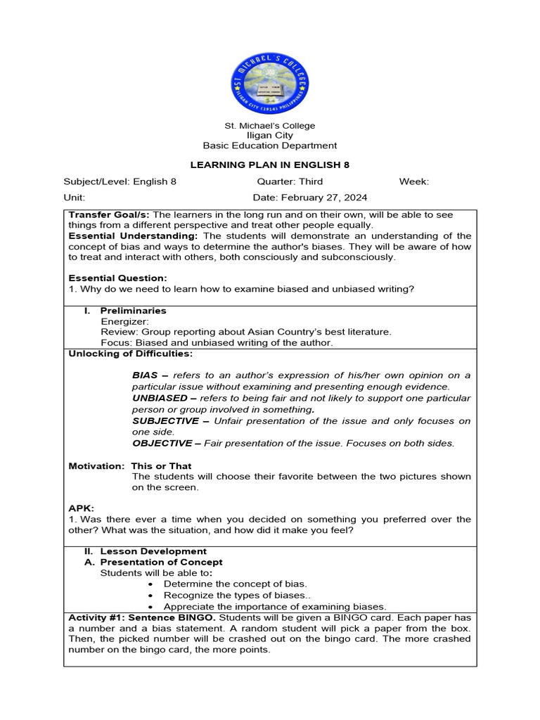 English 8 Learning Plan: Examining Biases | PDF | Bias | Human Communication