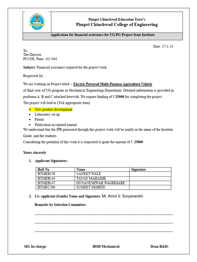Proposal For Financial Assistance To B. Tech Project | PDF