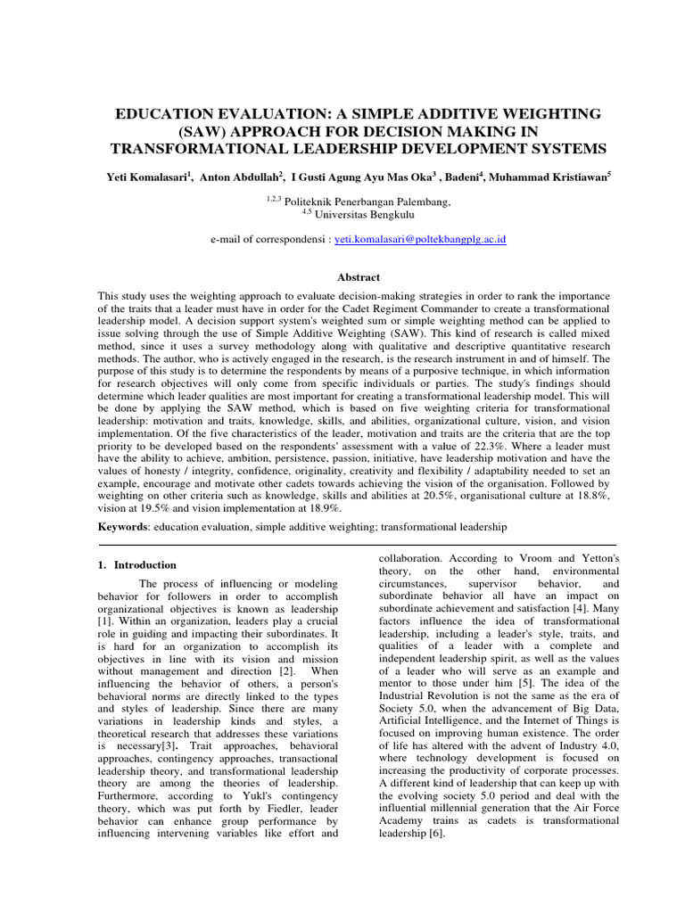 Yeti - Education Evaluation A Simple Additive Weighting (Saw) Approach For Decision Making in ...