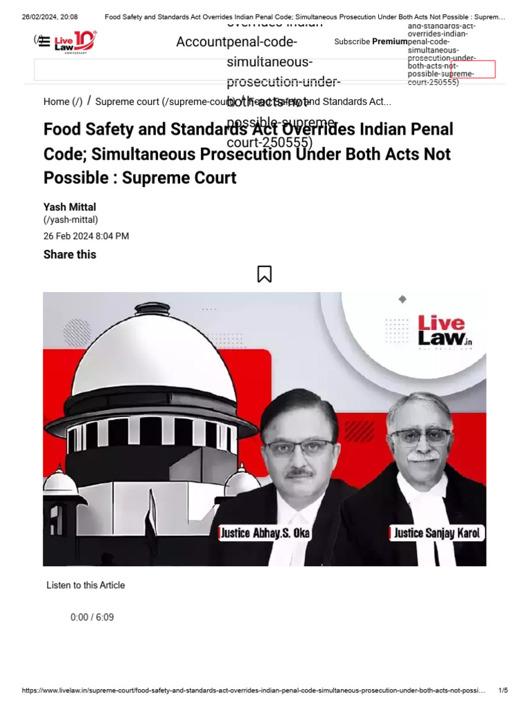 Food Safety and Standards Act Overrides Indian Penal Code Simultaneous ...