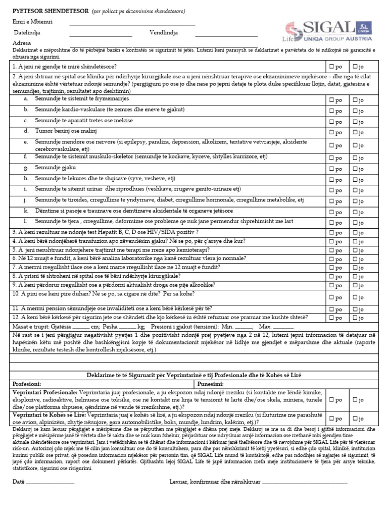 Pyetesor Shendetesor SIGAL | PDF