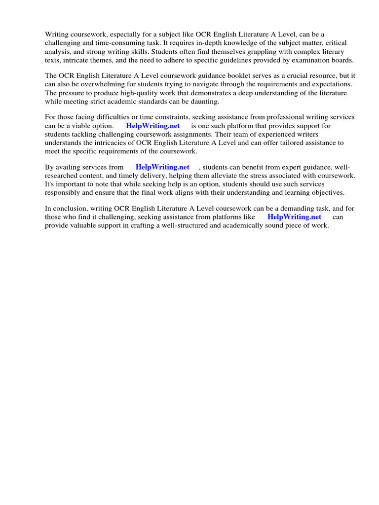 Ocr English Literature A Level Coursework Guidance Booklet | PDF ...