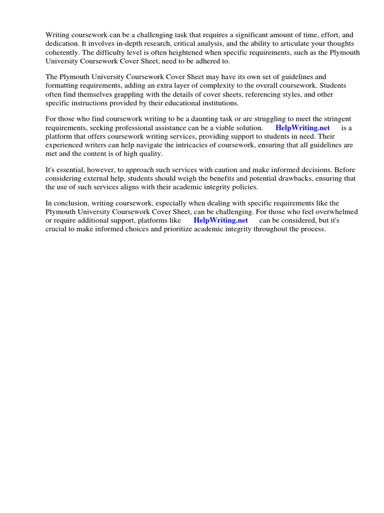 Plymouth University Coursework Cover Sheet | PDF | Brand | English As A ...