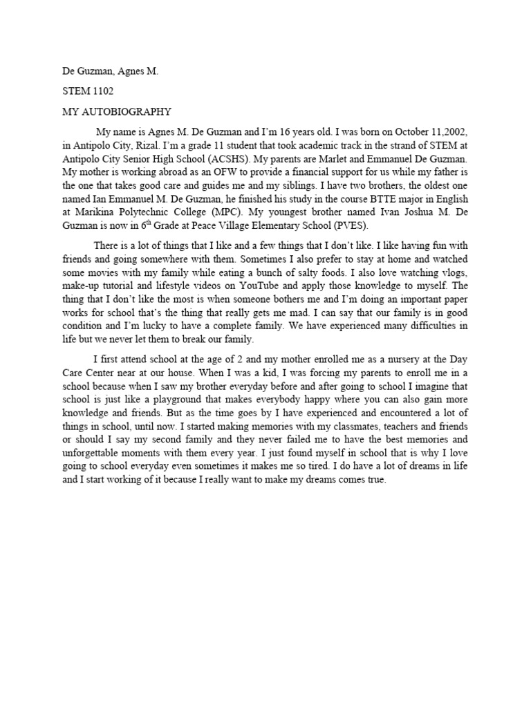 My Autobiography: Agnes De Guzman | PDF | Self-Improvement | Lifestyle