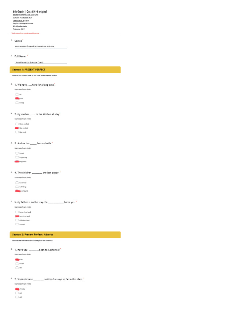 8th Grade English Quiz on Verb Tenses | PDF | Theatre | Language Mechanics