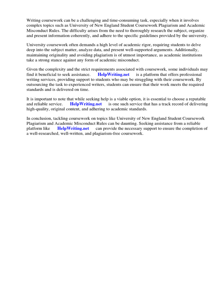 University of New England Student Coursework Plagiarism and Academic ...