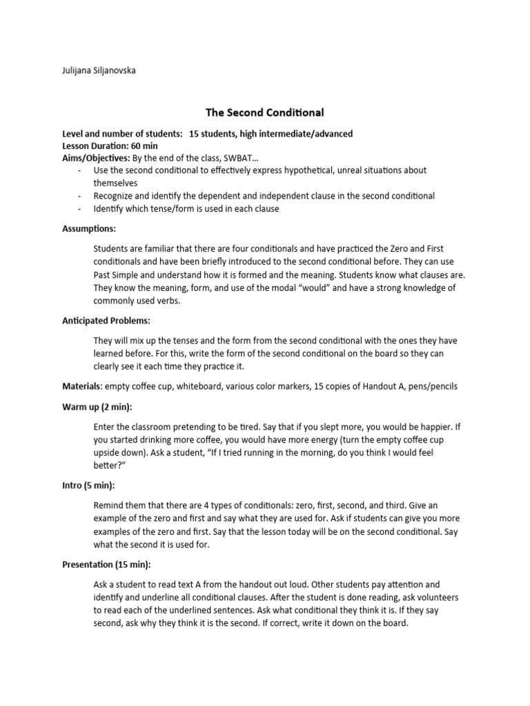 Second Conditional Lesson Plan Pdf Clause Linguistics