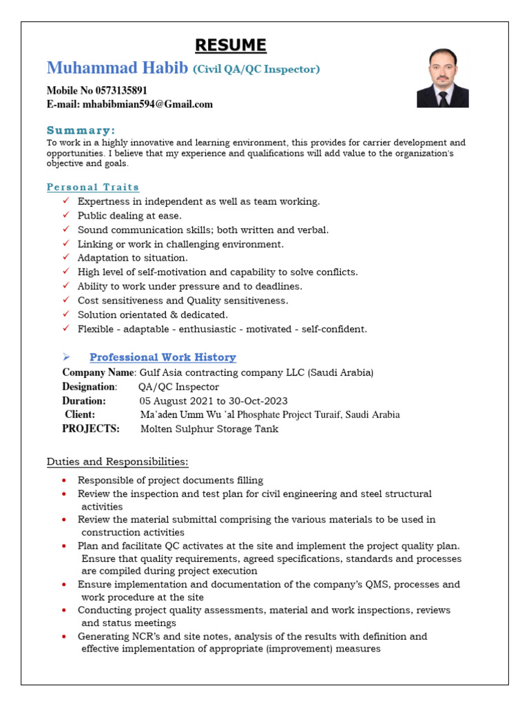 Habib CV QC Inspector | PDF