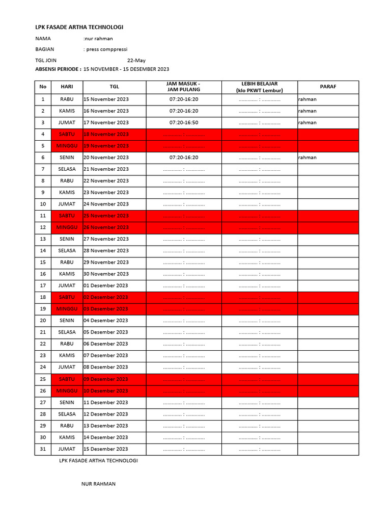 File Absensi Magang 15 Nov - 15 Des | PDF