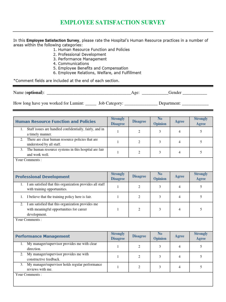 Employee Satisfaction Survey Template | PDF | Human Resources | Job ...