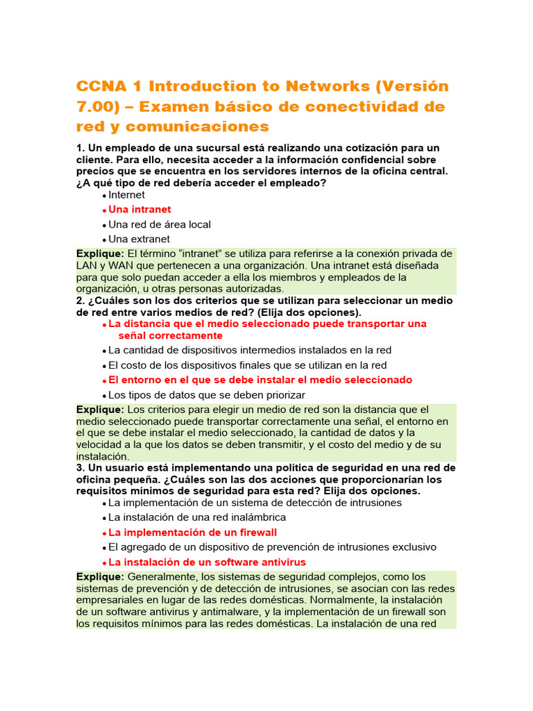 Examen CCNA 1: Introducción a Redes | PDF | Red de computadoras ...