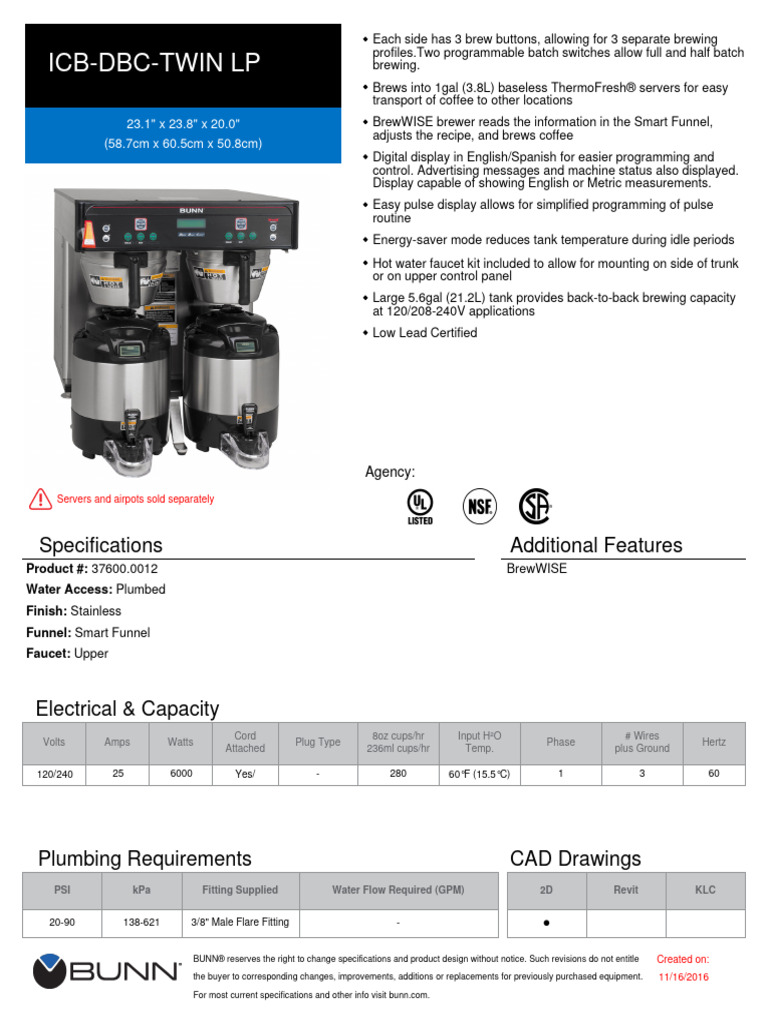 Ficha Téncica Cafetera Bunn ICB 37600.0012 | PDF
