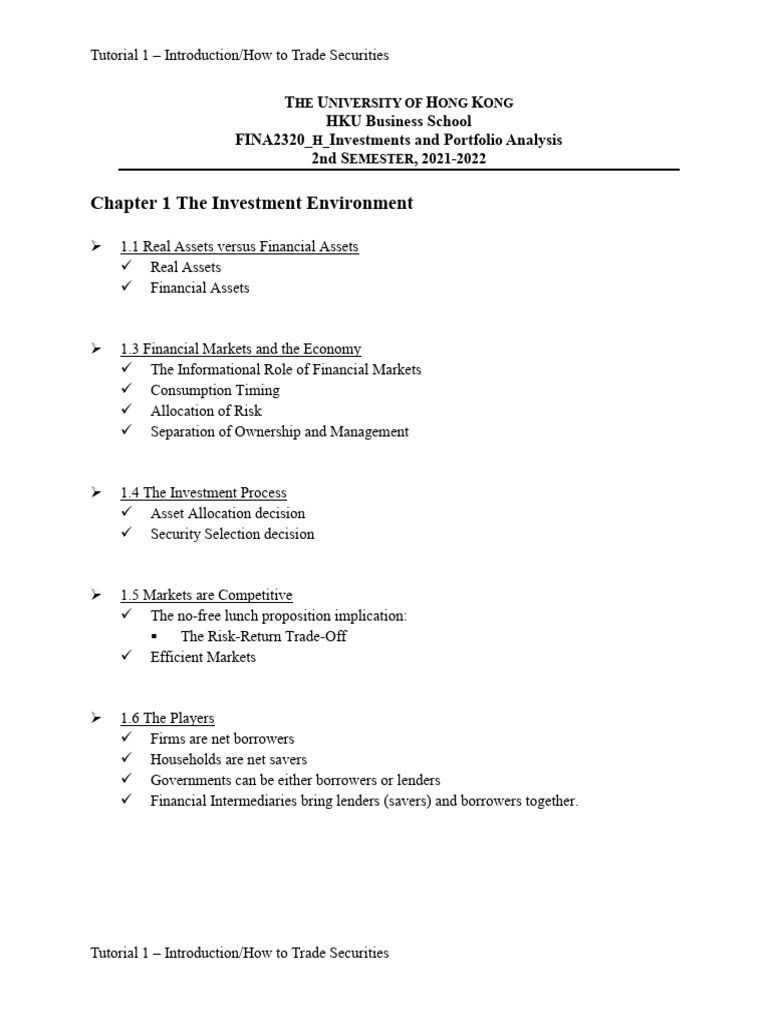 FINA2320 - H - 2021 - Tutorial 1 | PDF | Margin (Finance) | Short (Finance)