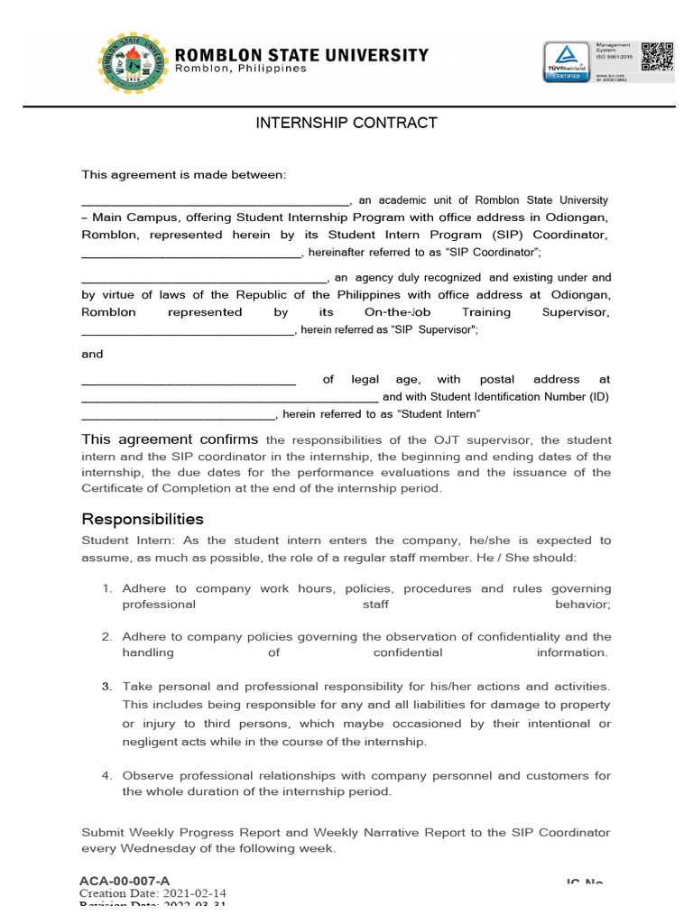 Aca 00 012 Internship Contract 1 | PDF | Justice | Crime & Violence
