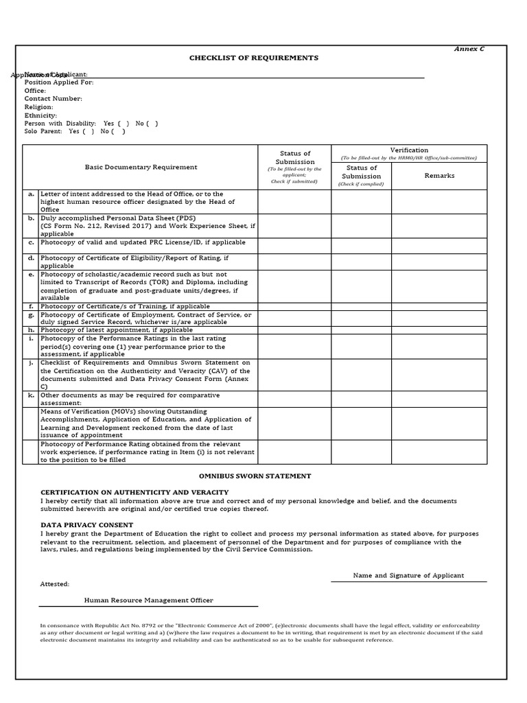 Annex C Checklist of Requirements and Omnibus Sworn Statement368 | PDF | Authentication