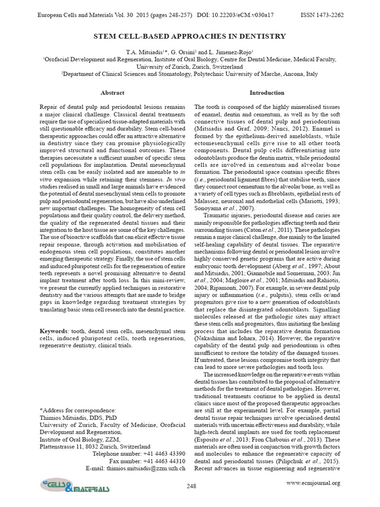 SCs Based Approaches in Dentistry | PDF | Tissue Engineering | Stem Cell