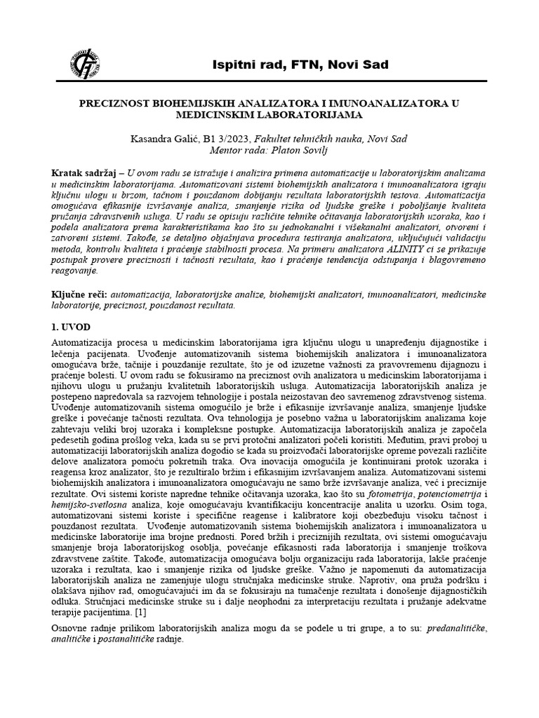 Preciznost Biohemijskih Analizatora I Imunoanalizatora U Medicinskim ...