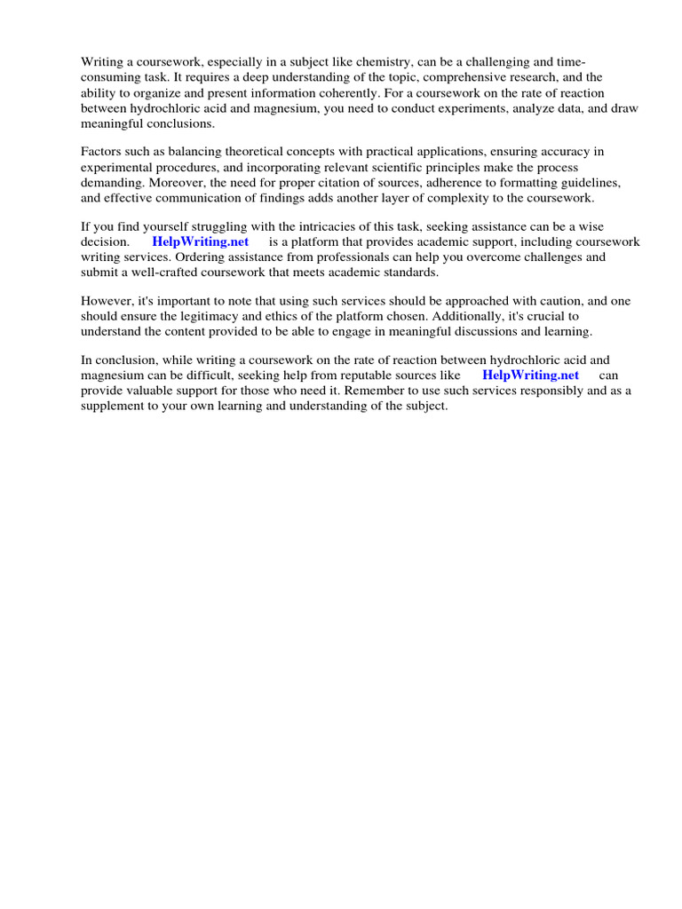 Chemistry Coursework Rate of Reaction Hydrochloric Acid and Magnesium | PDF | Chemical Reactions ...