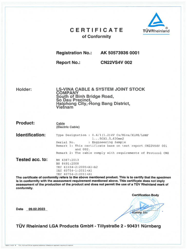AK50573936 0001 Certificate (BS 6387 CWZ, BS 8491, IEC 61034, IEC 60754 ...