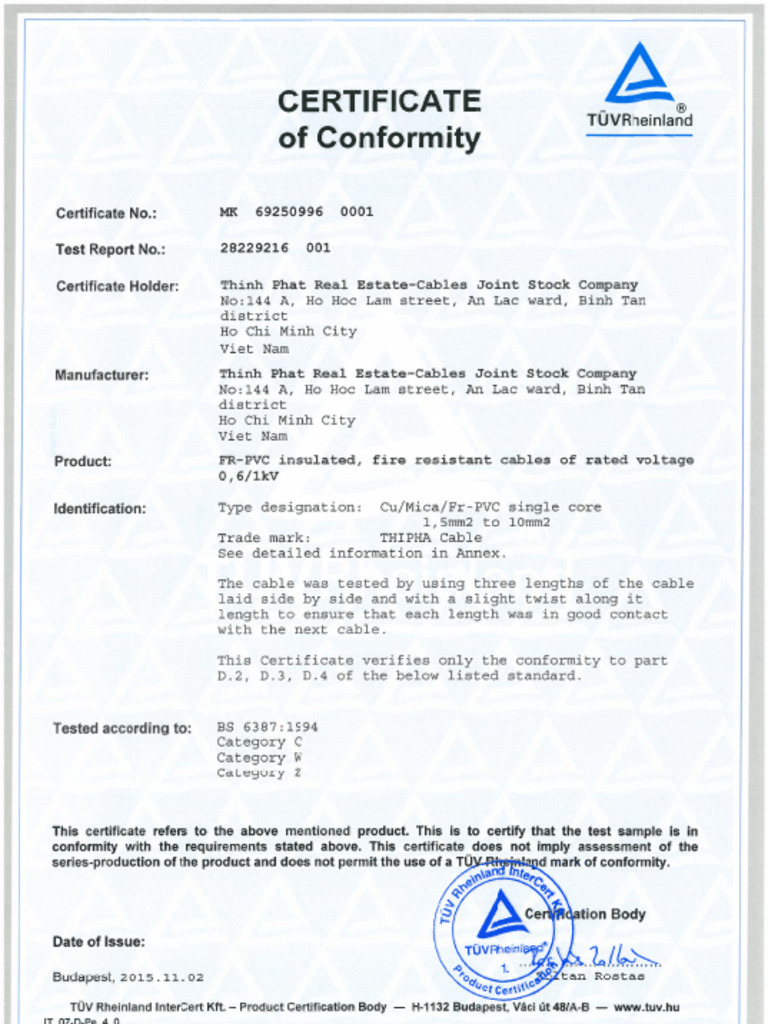 04 TUV Certificate Cu Mica FR - PVC BS 6387 Cat. C W Z | PDF