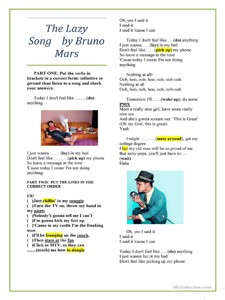 Lazy Song by Bruno Mars Worksheet | PDF