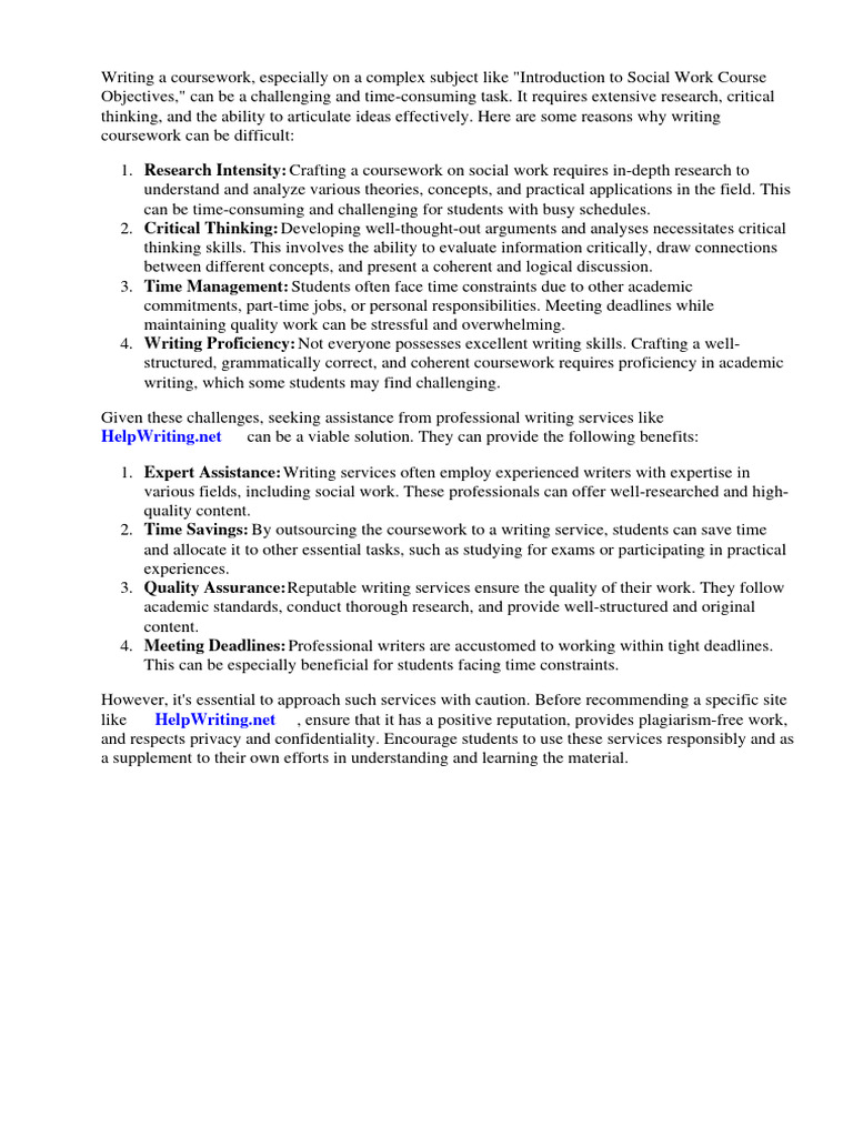 Introduction To Social Work Course Objectives | PDF | Social Work | Thought