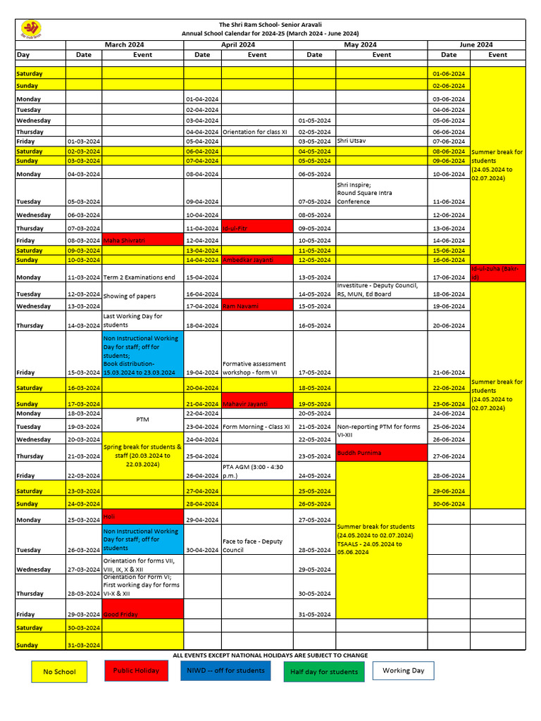 Shri Ram School 2024-25 Calendar | PDF | Traditions | Religious Holidays