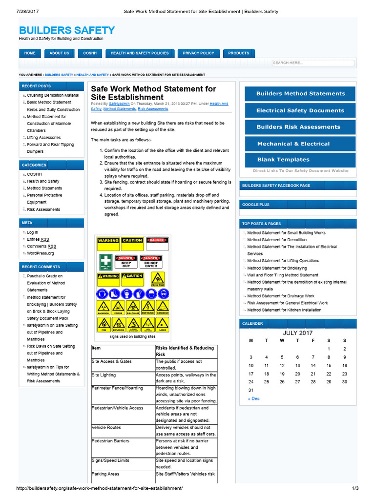 Safe Work Method for Site Setup | PDF | Safety