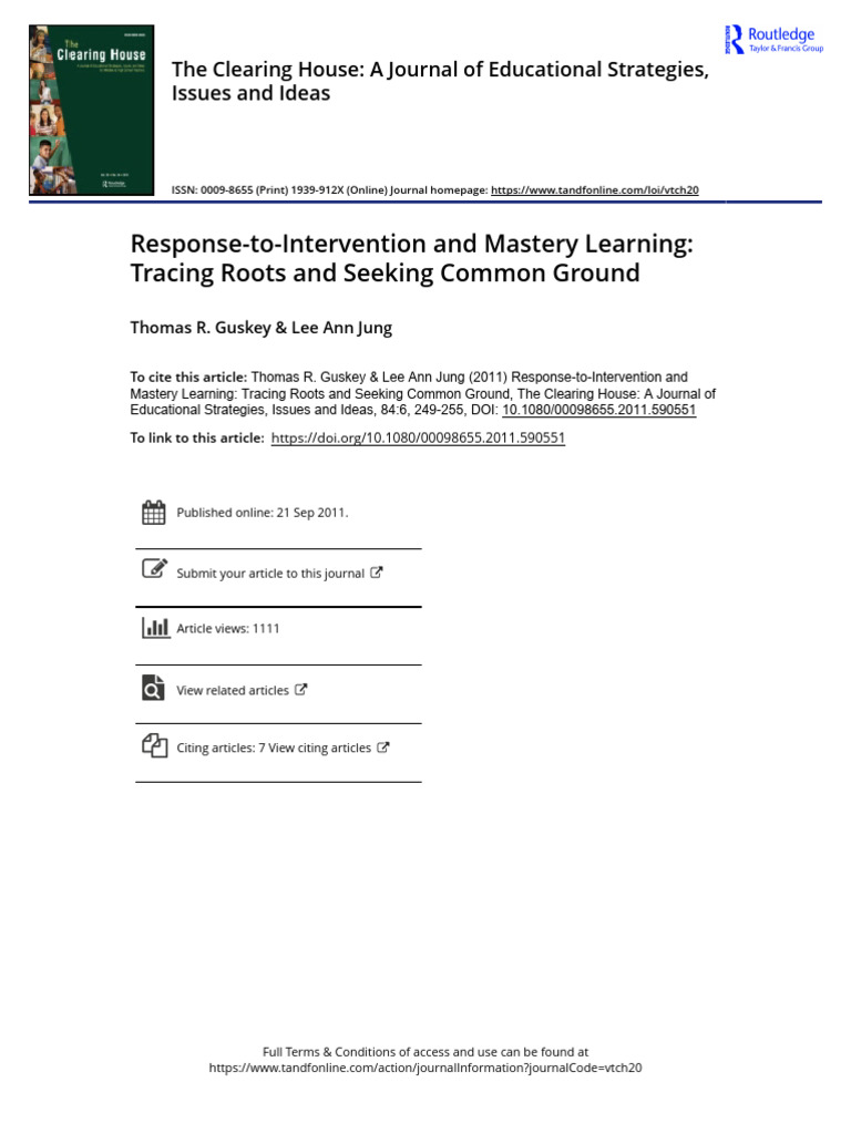 Response To Intervention and Mastery Learning Tracing Roots and Seeking Common Ground | PDF