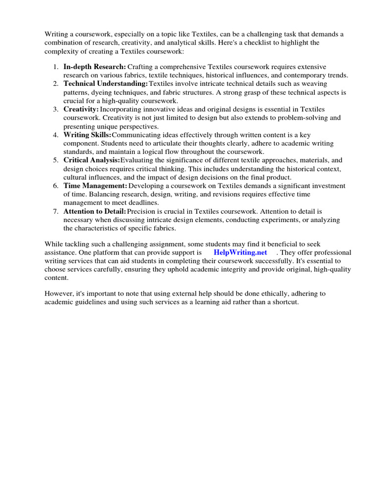 Textiles Coursework Checklist | PDF