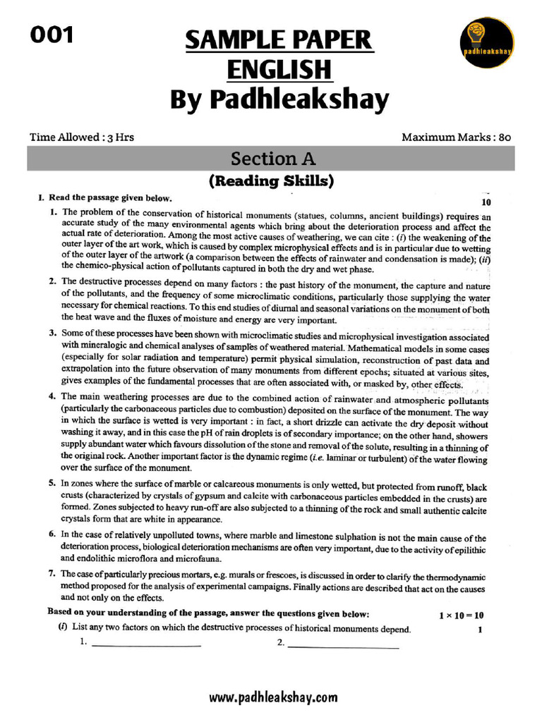 English Sample Paper 001. - Compressed | PDF