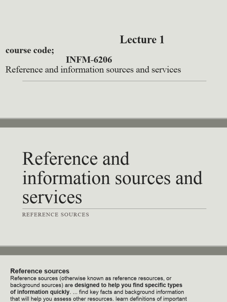 Reference Sources and Services Lecture 1 | PDF | Libraries | Primary ...