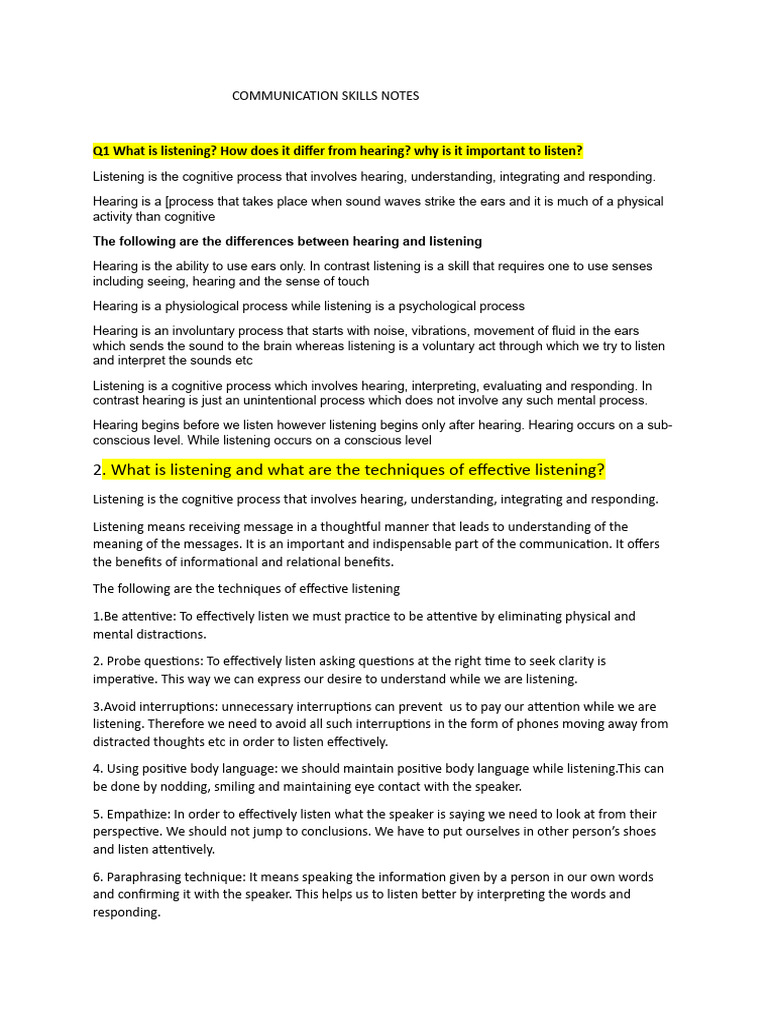 Communication Skills Notes | PDF | Nonverbal Communication | Communication