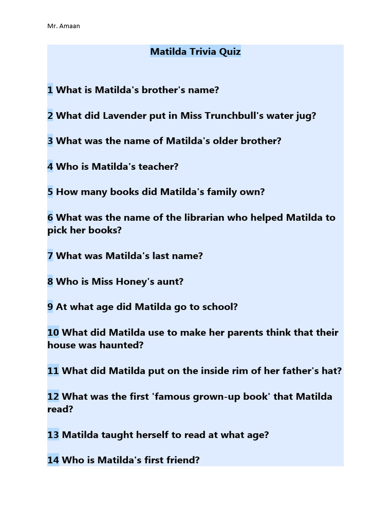 Matilda Trivia Quiz | PDF | Mystery, Thriller & Crime Fiction | General ...