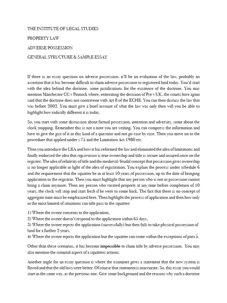 Essay Pointers Adverse Possession | PDF | Adverse Possession | Civil Law (Common Law)