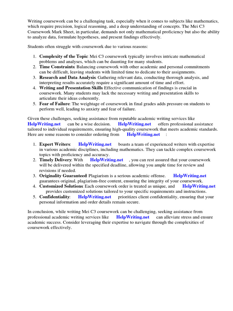 Mei c3 Coursework Mark Sheet | PDF