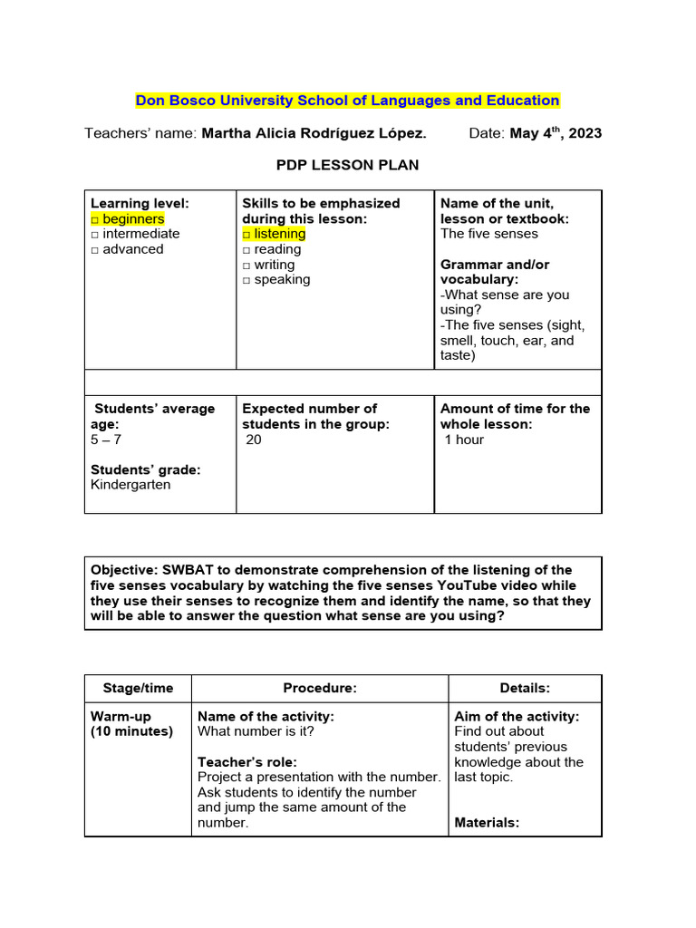 Five Senses Lesson Plan for Kindergarten | PDF | Flashcard | Vocabulary