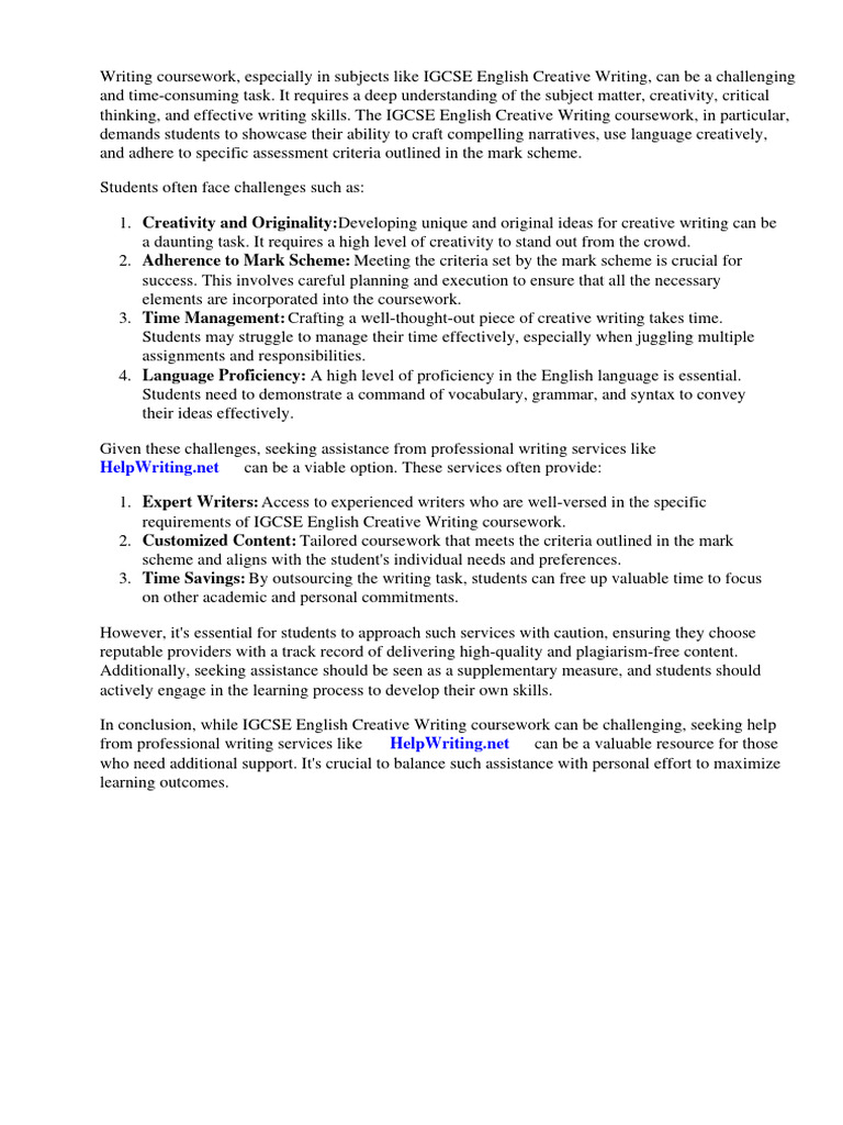 Igcse English Creative Writing Coursework Mark Scheme | PDF | Internet | Thesis