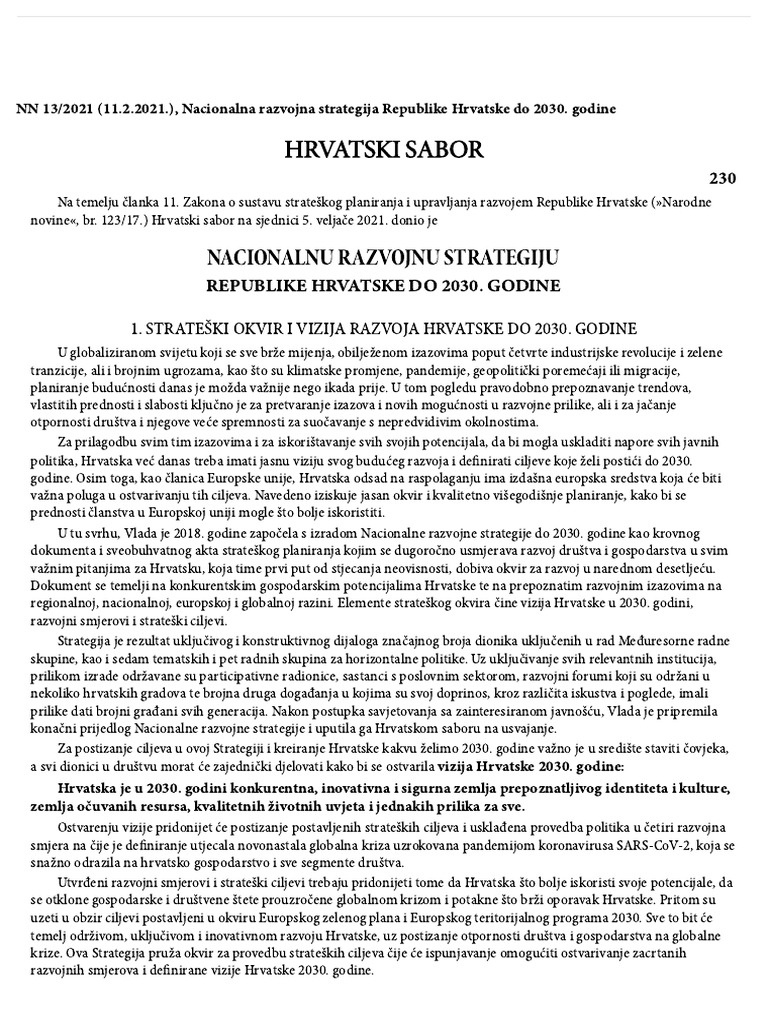 Nacionalna Razvojna Strategija Republike Hrvatske Do 2030. Godine | PDF