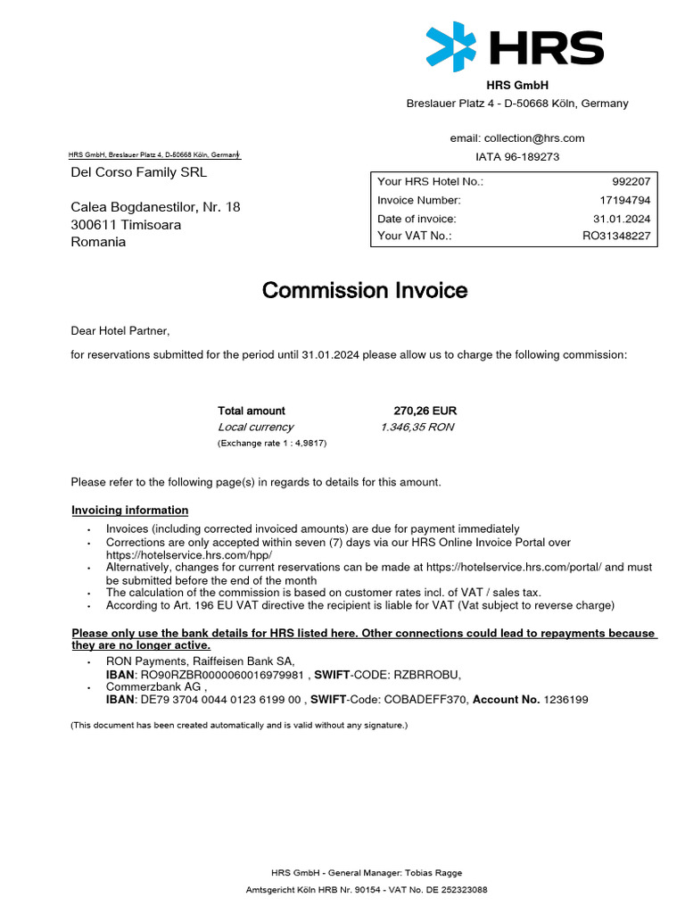 Commission Invoice: Del Corso Family SRL Calea Bogdanestilor, Nr. 18 ...