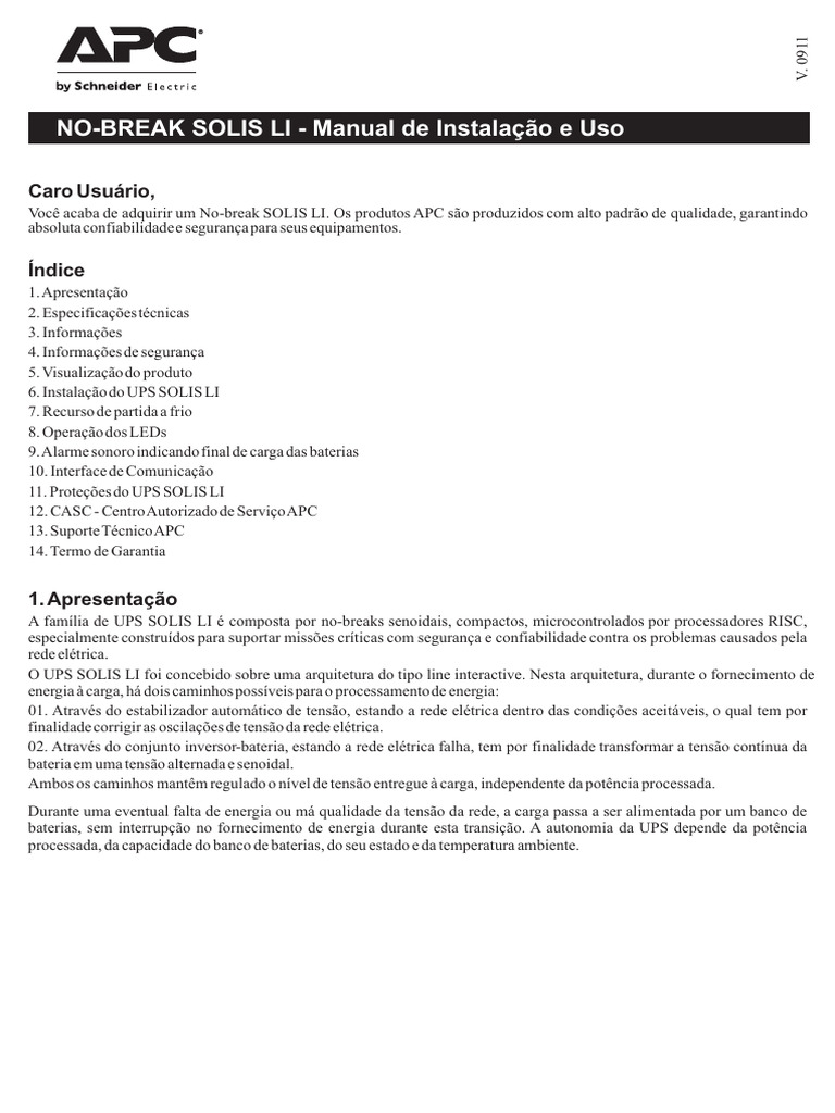 Manual do No-break SOLIS LI 800VA | PDF | Fonte de energia | Eletricidade