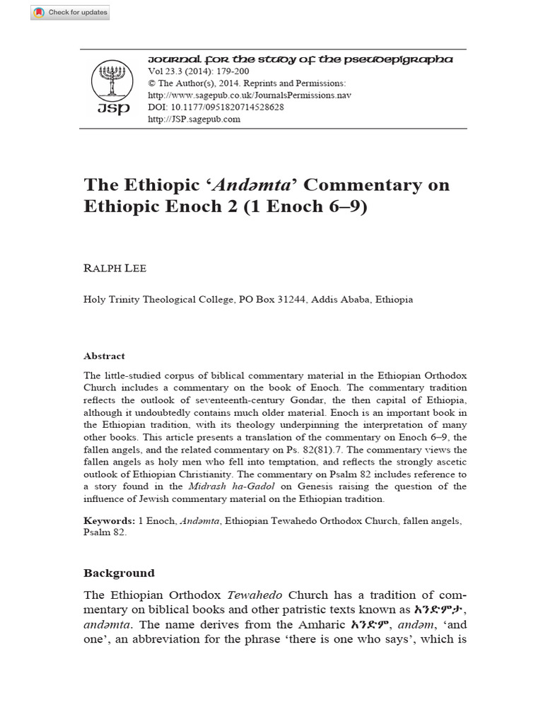 Lee 2014 The Ethiopic and Mta Commentary On Ethiopic Enoch 2 1 Enoch 6 ...
