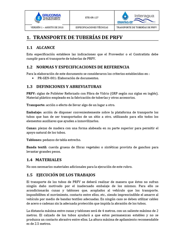 ETE-GR-127.TRANSPORTE DE TUBER+ìA DE PRFV | PDF | Tubería (transporte de fluidos) | Fibra de vidrio